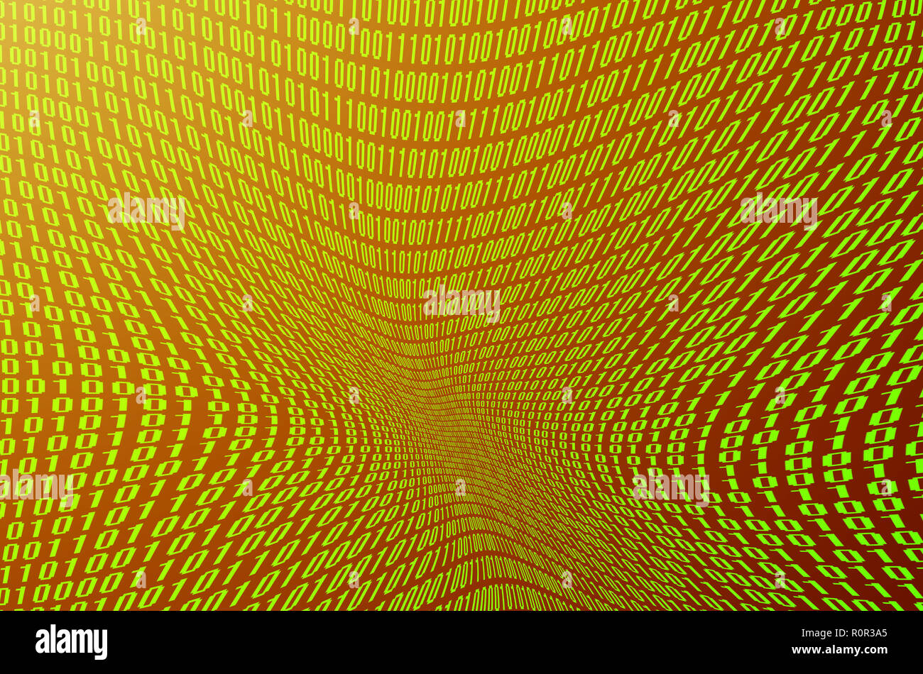 An image of a corrupted and distorted binary code made up of a set of green digits on a black ...