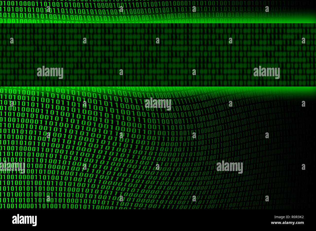 An image of a corrupted and distorted binary code made up of a set of green digits on a black ...