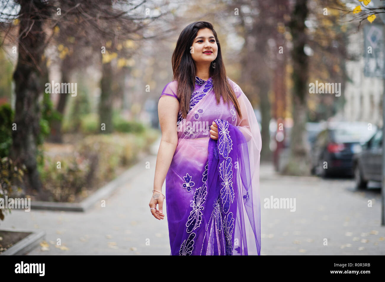 Indian hindu girl at traditional violet saree posed at autumn street ...