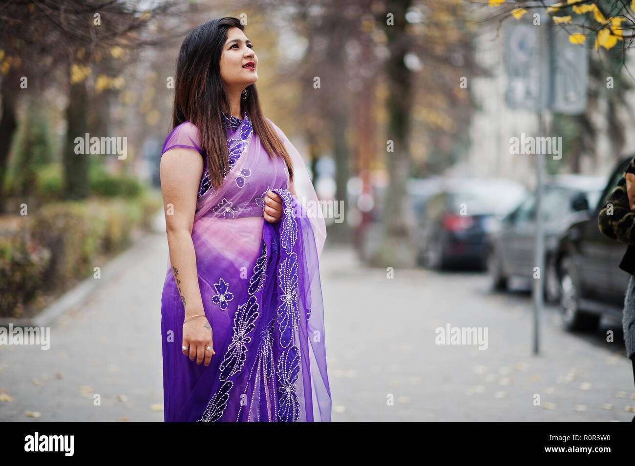 Indian hindu girl at traditional violet saree posed at autumn street ...