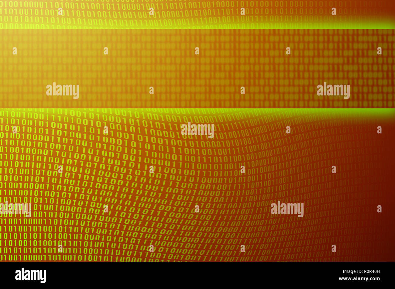 An image of a corrupted and distorted binary code made up of a set of green digits on a black ...