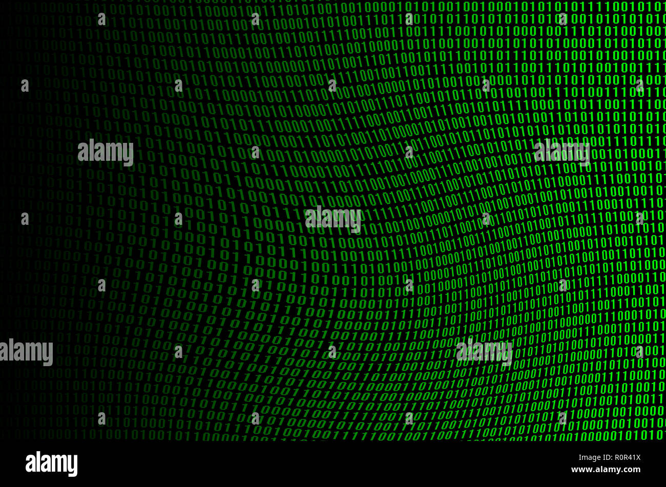An image of a corrupted and distorted binary code made up of a set of green digits on a black ...