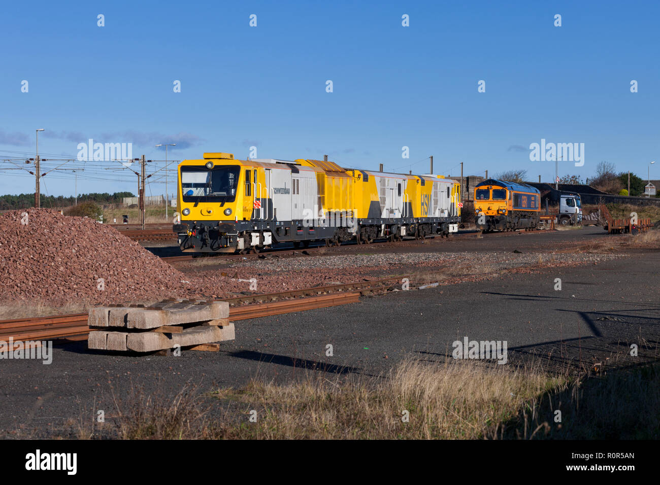 The Network Rail Schweerbau rail milling machine stabled in Falkland ...