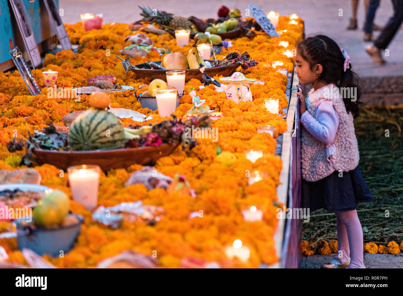 A young Mexican girl looks at a large Dead of the Dead altar known as ...