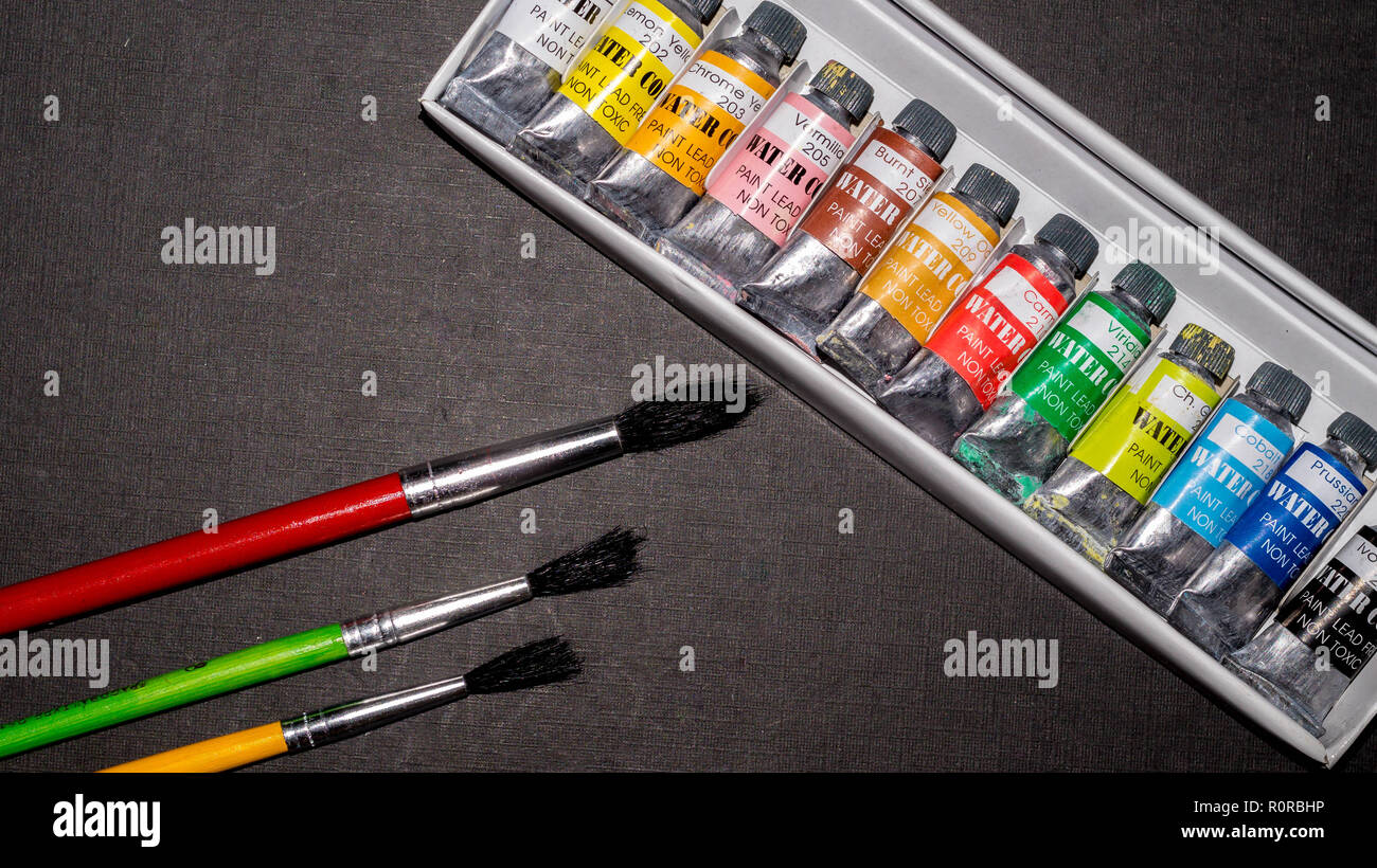 water paint set in the box with different size of paintbrushes. art ...