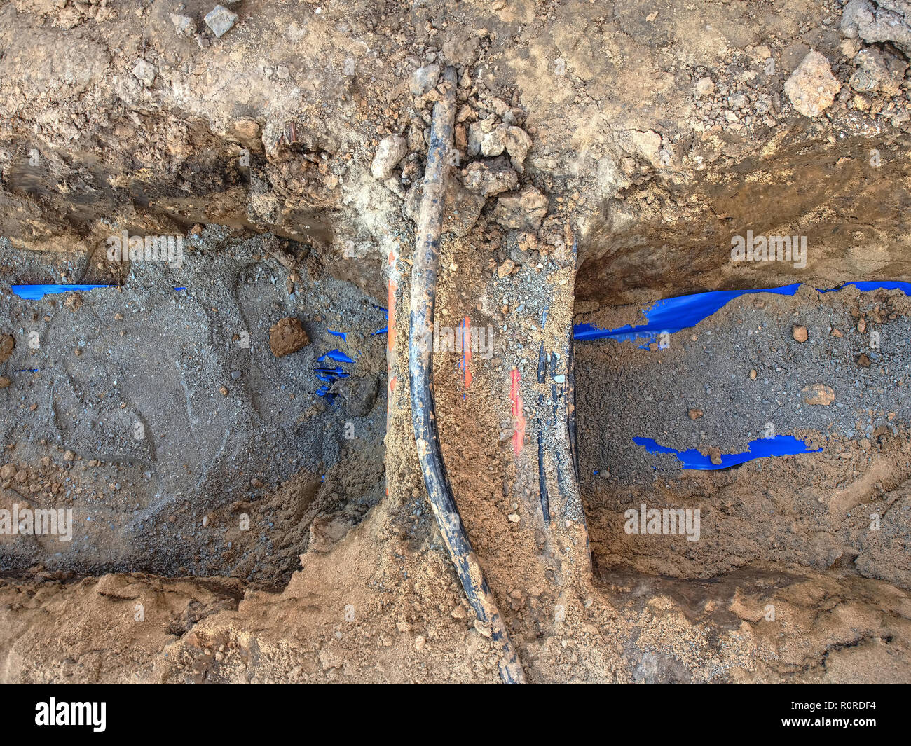 Building of crossection of water pipeline and electric lines or ...