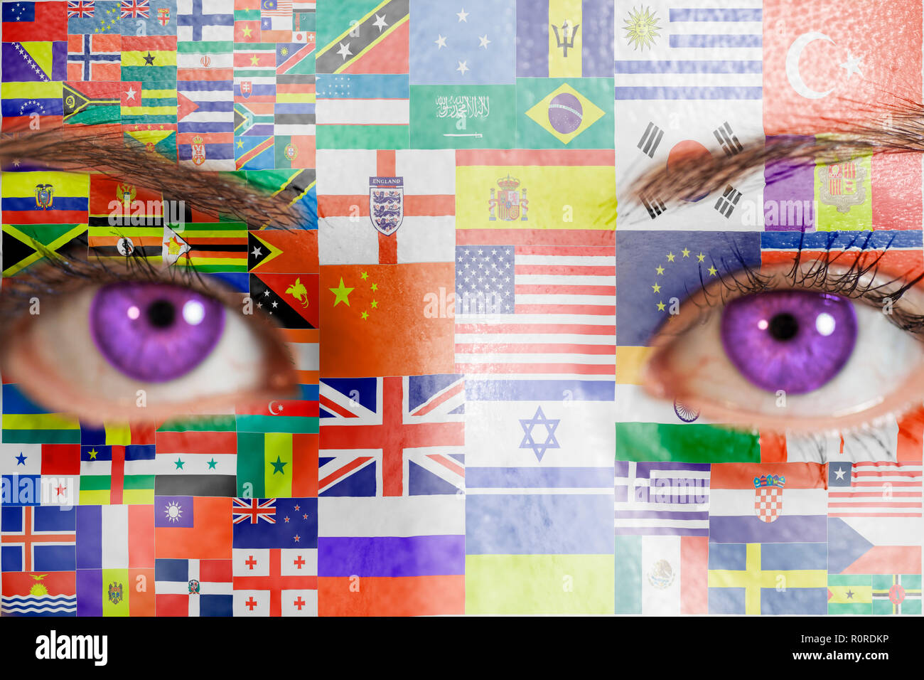 Woman face with painted flags all countries of world close up Stock ...