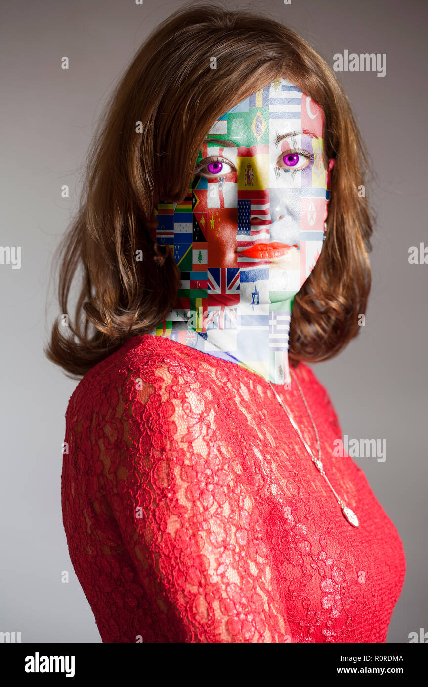 Portrait of woman with painted with Flags all countries of world ...