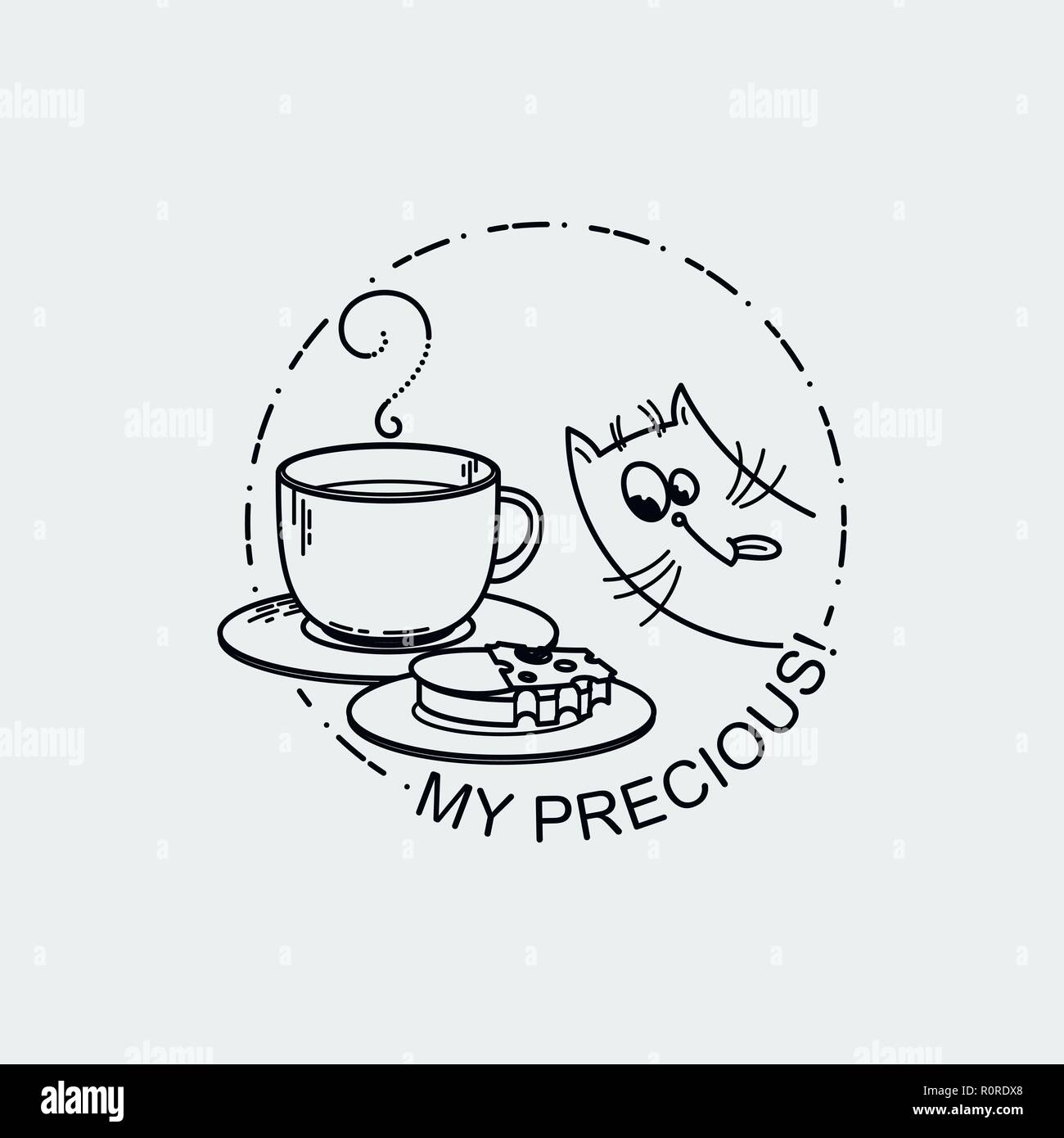 My precious. Vector card with cute cat with cup and a sandwich. Tea ...