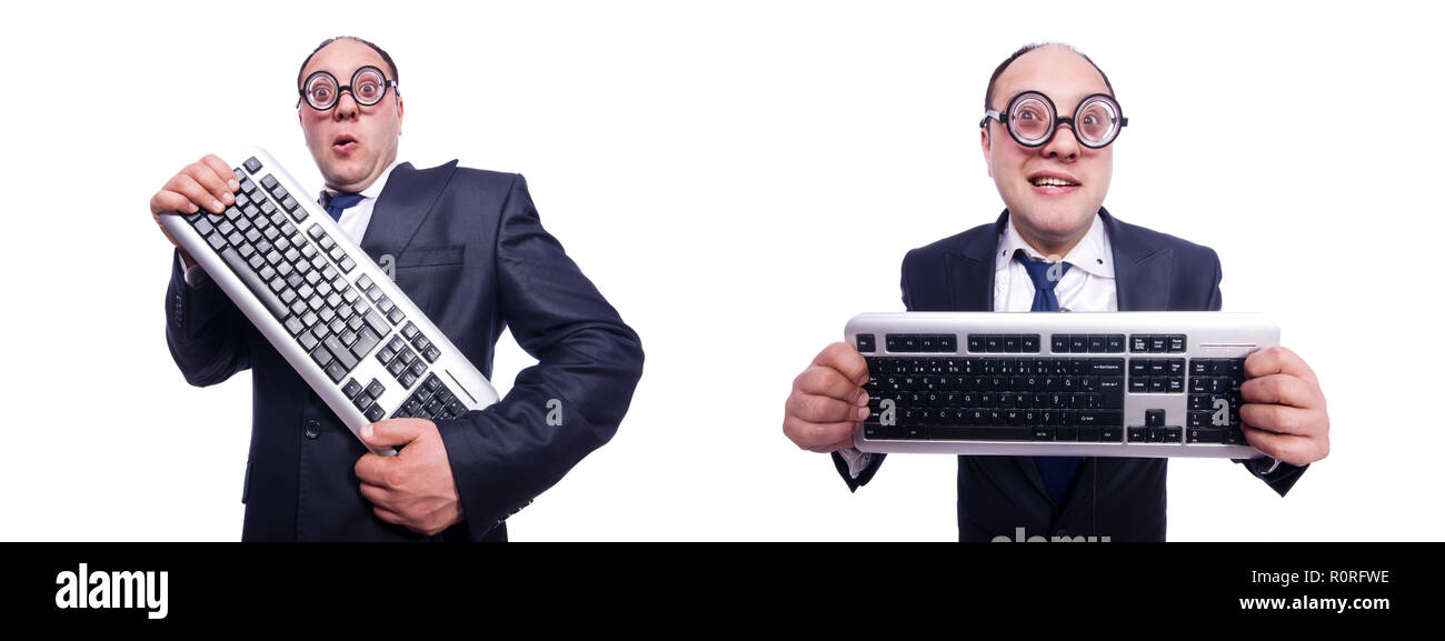 Nerd businessman with computer keyboard on white Stock Photo - Alamy