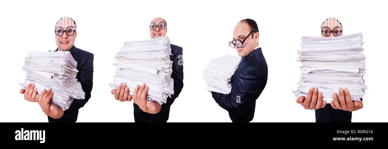 Funny man with lots of folders on white Stock Photo - Alamy