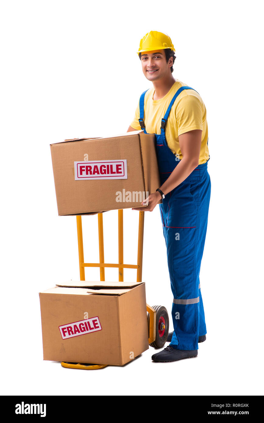 Young contractor with fragile boxes isolated on white Stock Photo - Alamy