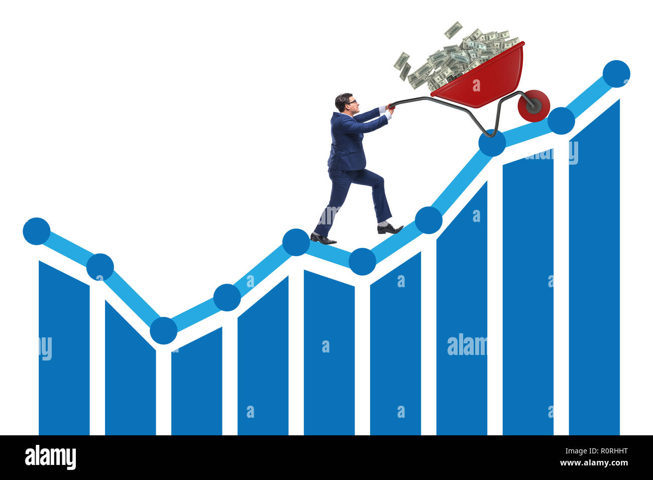Businessman pushing wheelbarrow full of dollar money Stock Photo - Alamy
