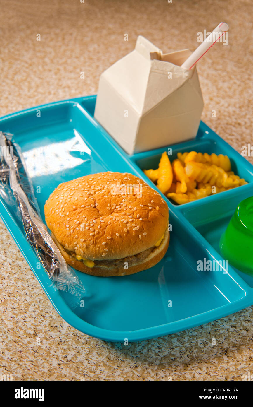 Elementary school lunch cheeseburger with ripple cut french fries ...