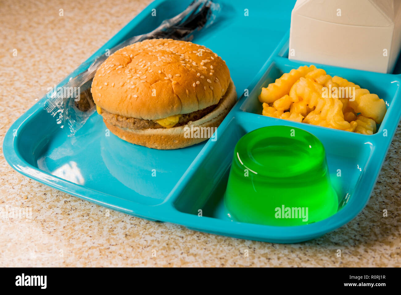 Elementary school lunch cheeseburger with ripple cut french fries ...