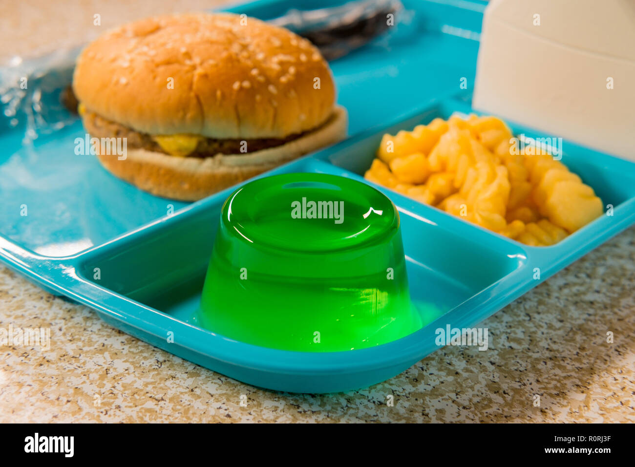 Elementary school lunch cheeseburger with ripple cut french fries ...
