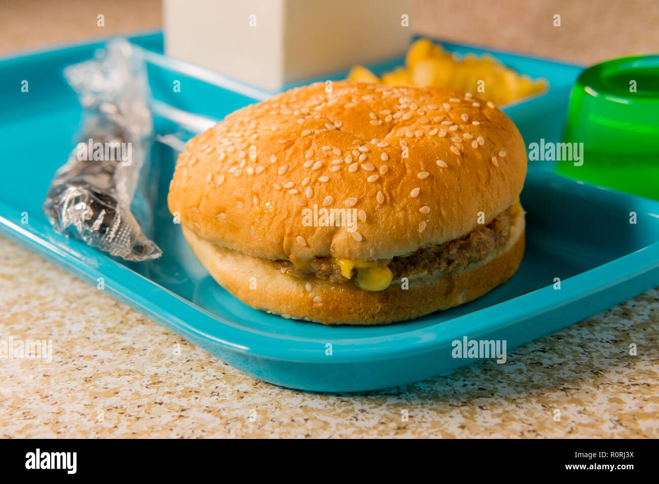 Elementary school lunch cheeseburger with ripple cut french fries ...