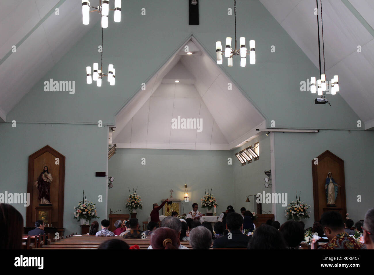 The interior of the Catholic Church of Holy Cross (Salib Suci). Taken ...