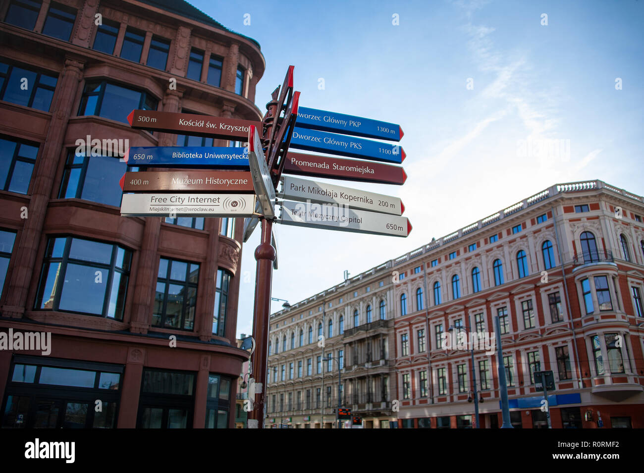 Tourist street sign post in Wroclaw, Poland. Information marker with ...