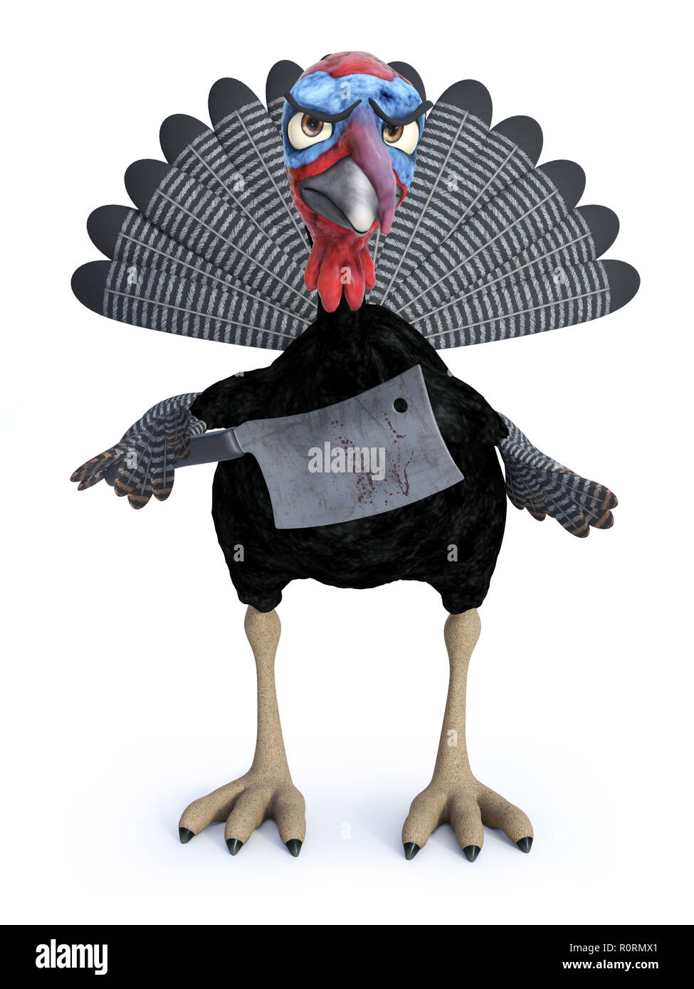 3D rendering of a funny silly cartoon turkey holding a cleaver and ...
