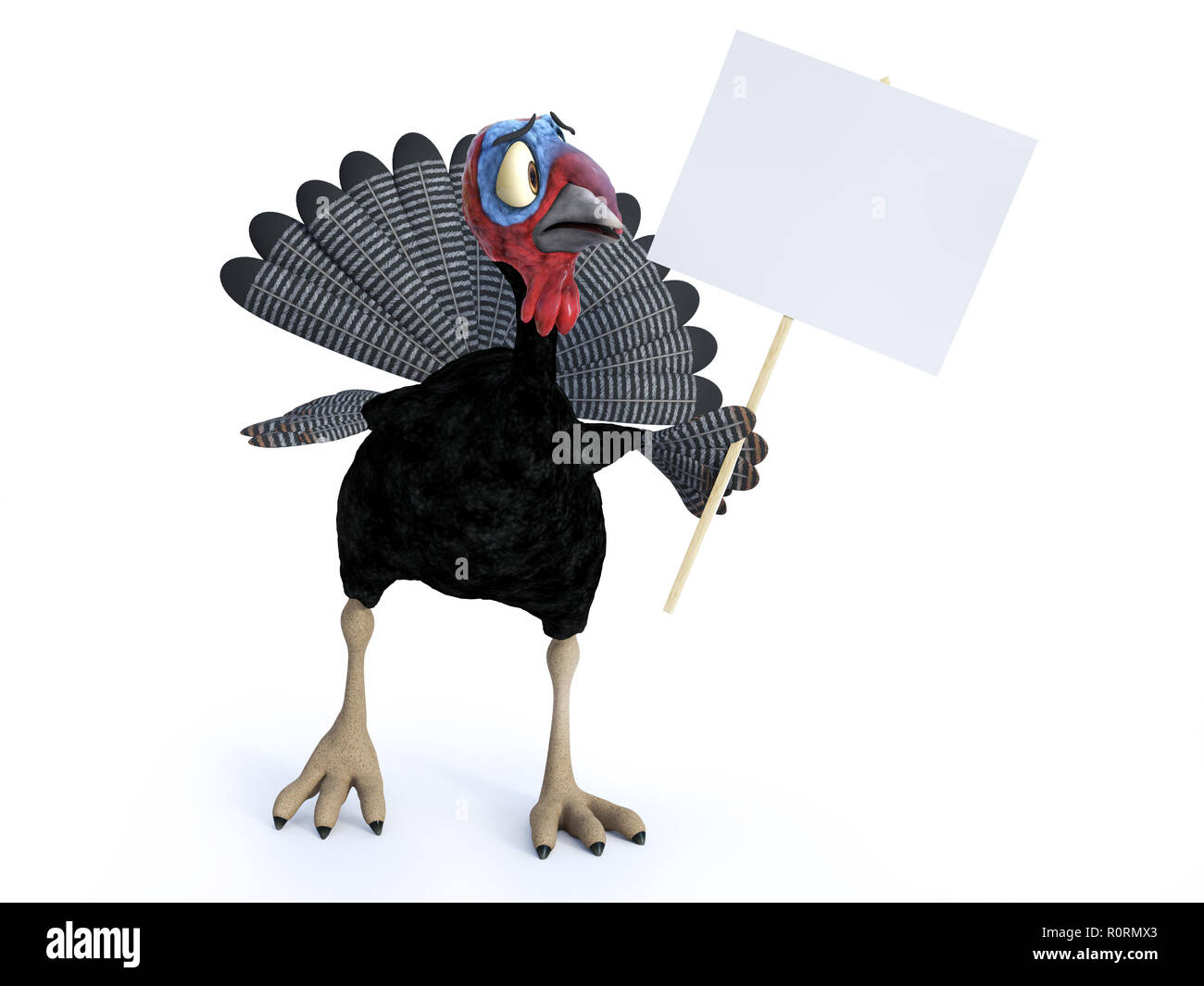 3D rendering of a silly cartoon turkey looking at a blank sign he is ...