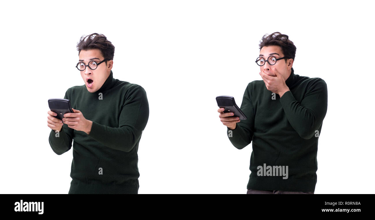 Nerd young man with calculator isolated on white Stock Photo - Alamy