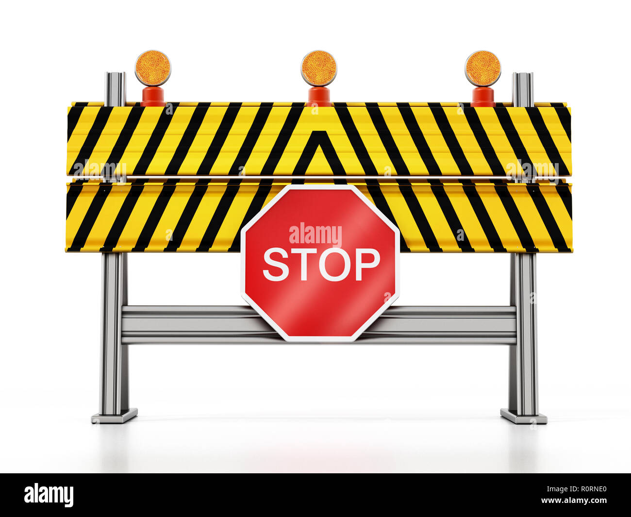 Road block with stop sign isolated on white background. 3D illustration ...