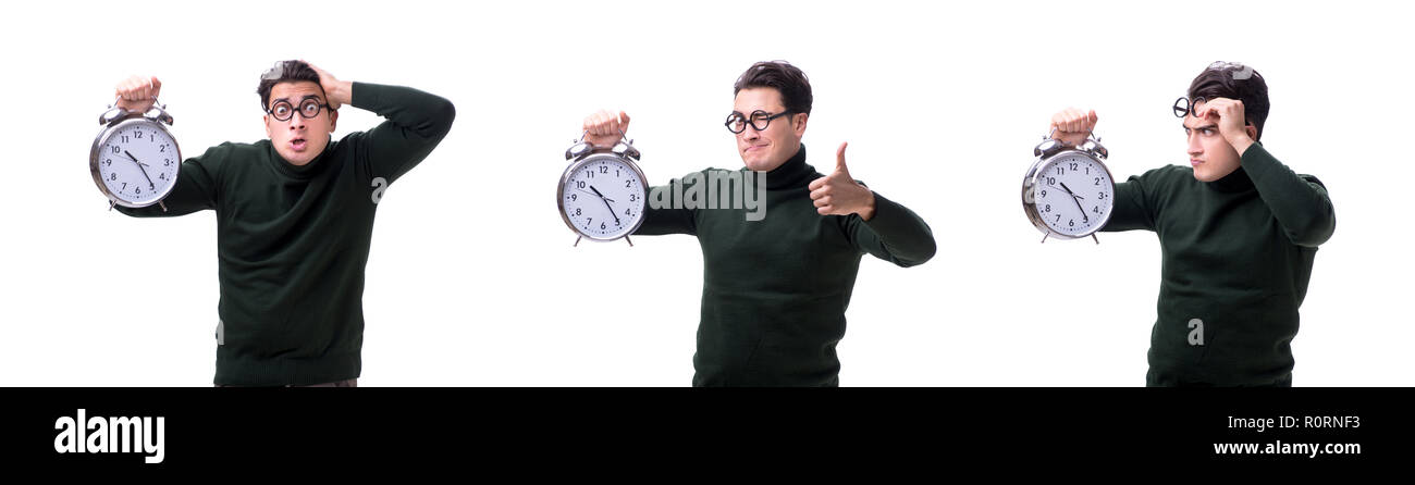 Nerd young money with giant clock isolated on white Stock Photo - Alamy