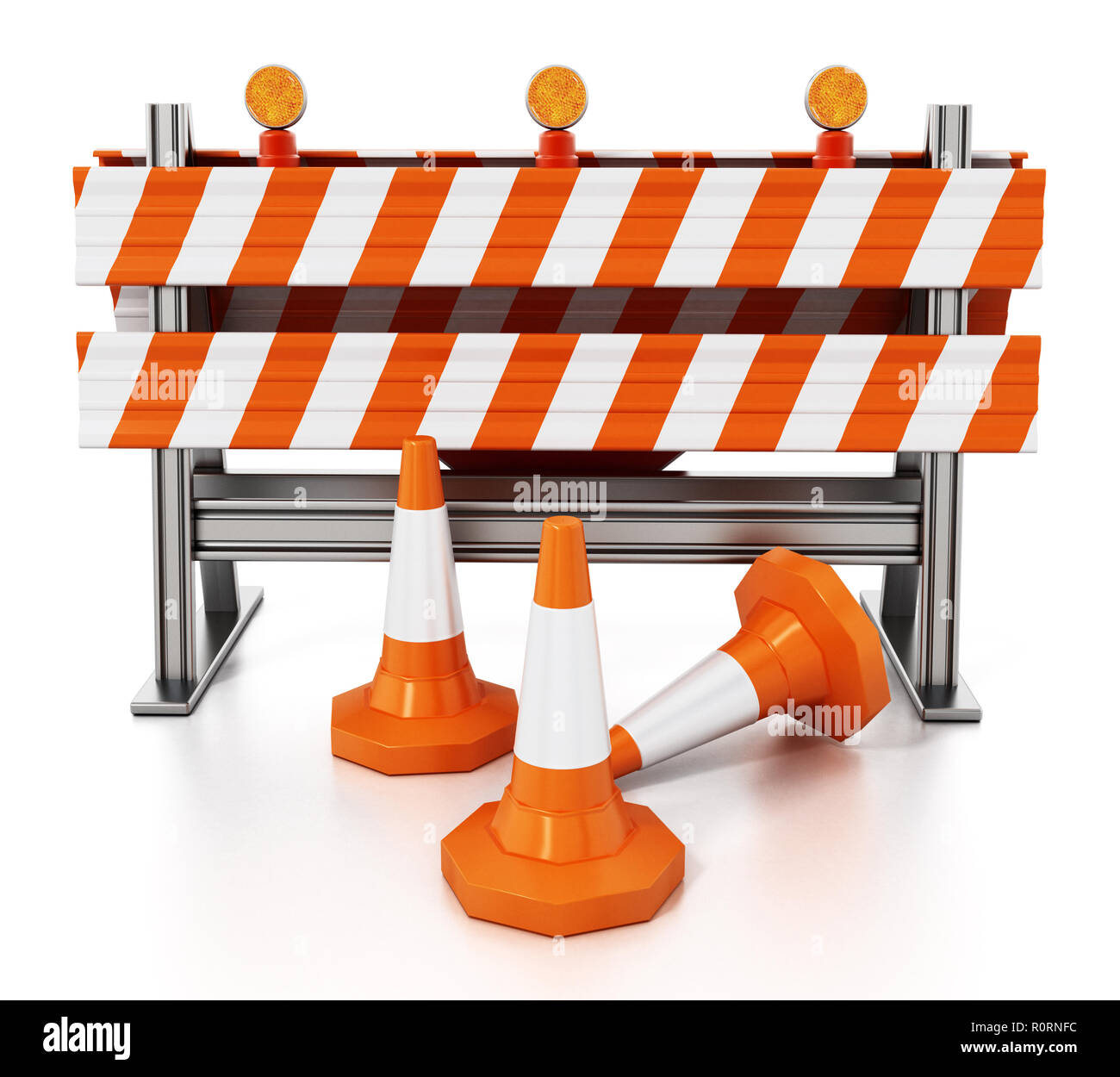 Road block with orange traffic cones isolated on white background. 3D ...