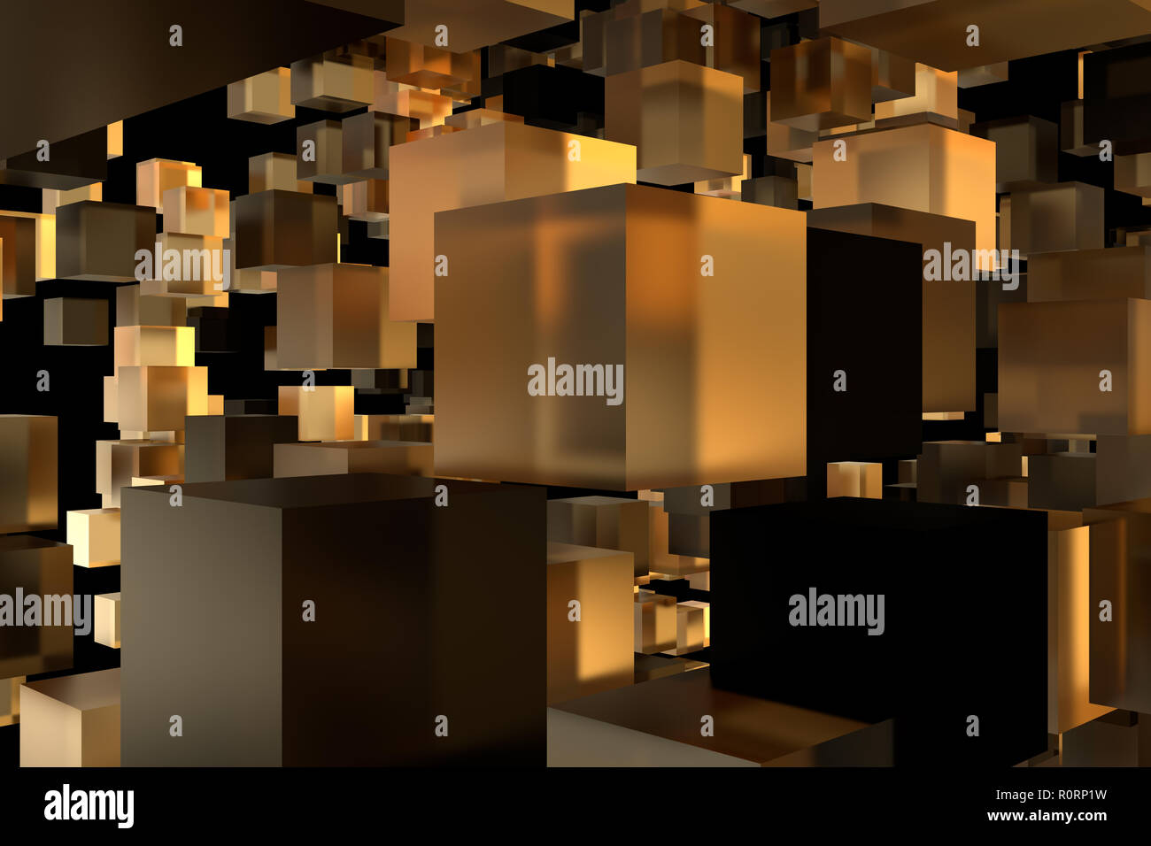 Abstract 3d rendering of chaotic cubes. Flying shapes in empty space. Dynamic background Stock ...