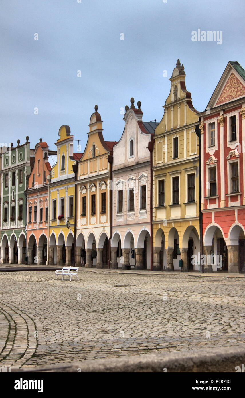 Renaissance houses in the main square of Telc, Czech Republic Stock ...