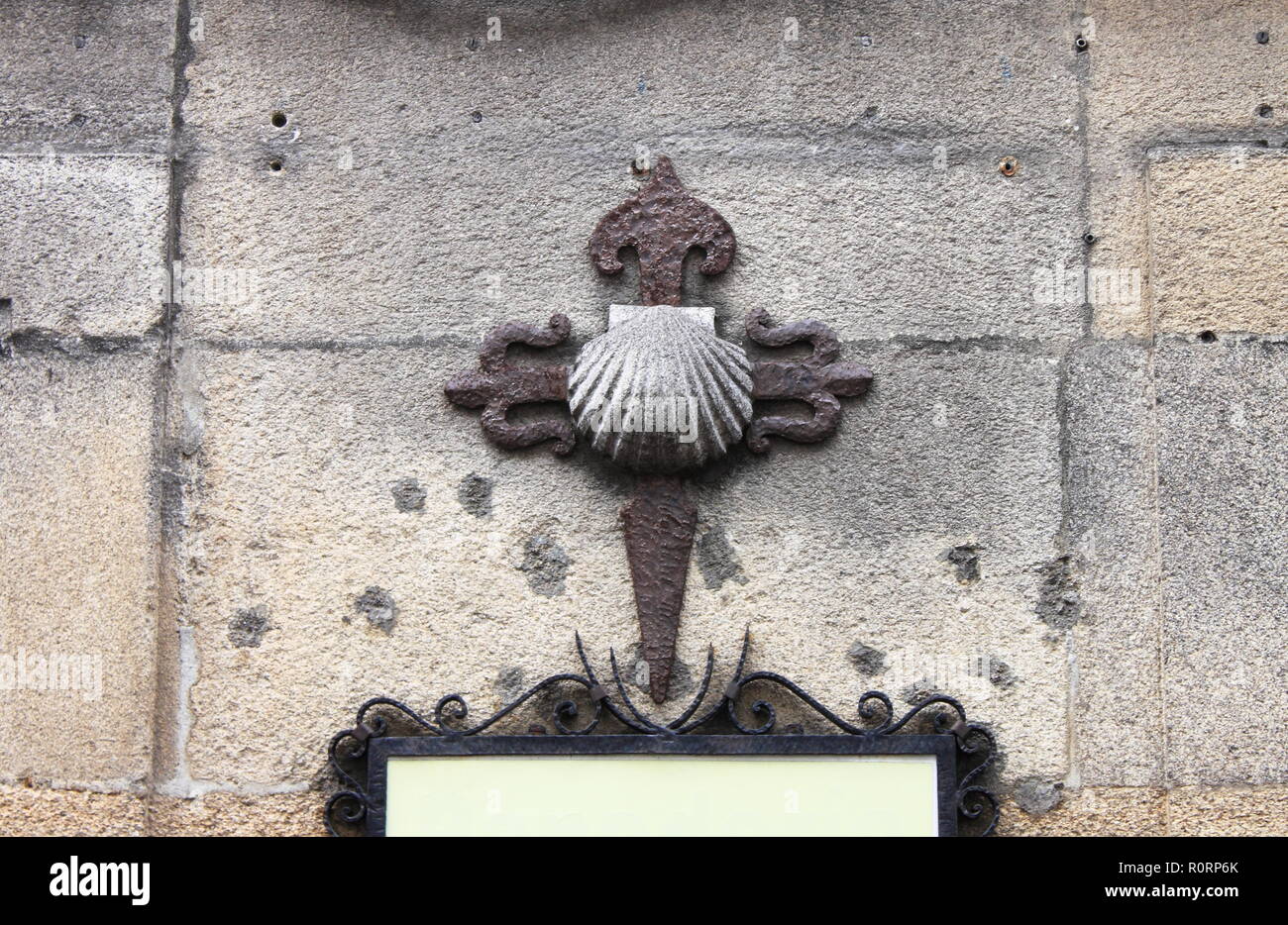 Scallop shell signing the way to Santiago de Compostela on the st james ...