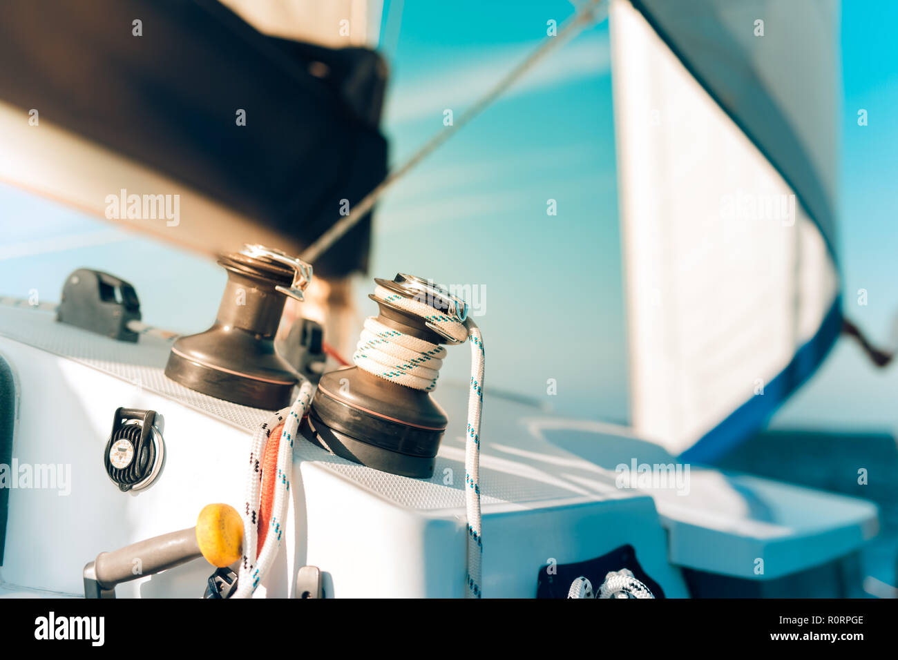 Details of sailing equipment on a boat when sailing on the water in a ...