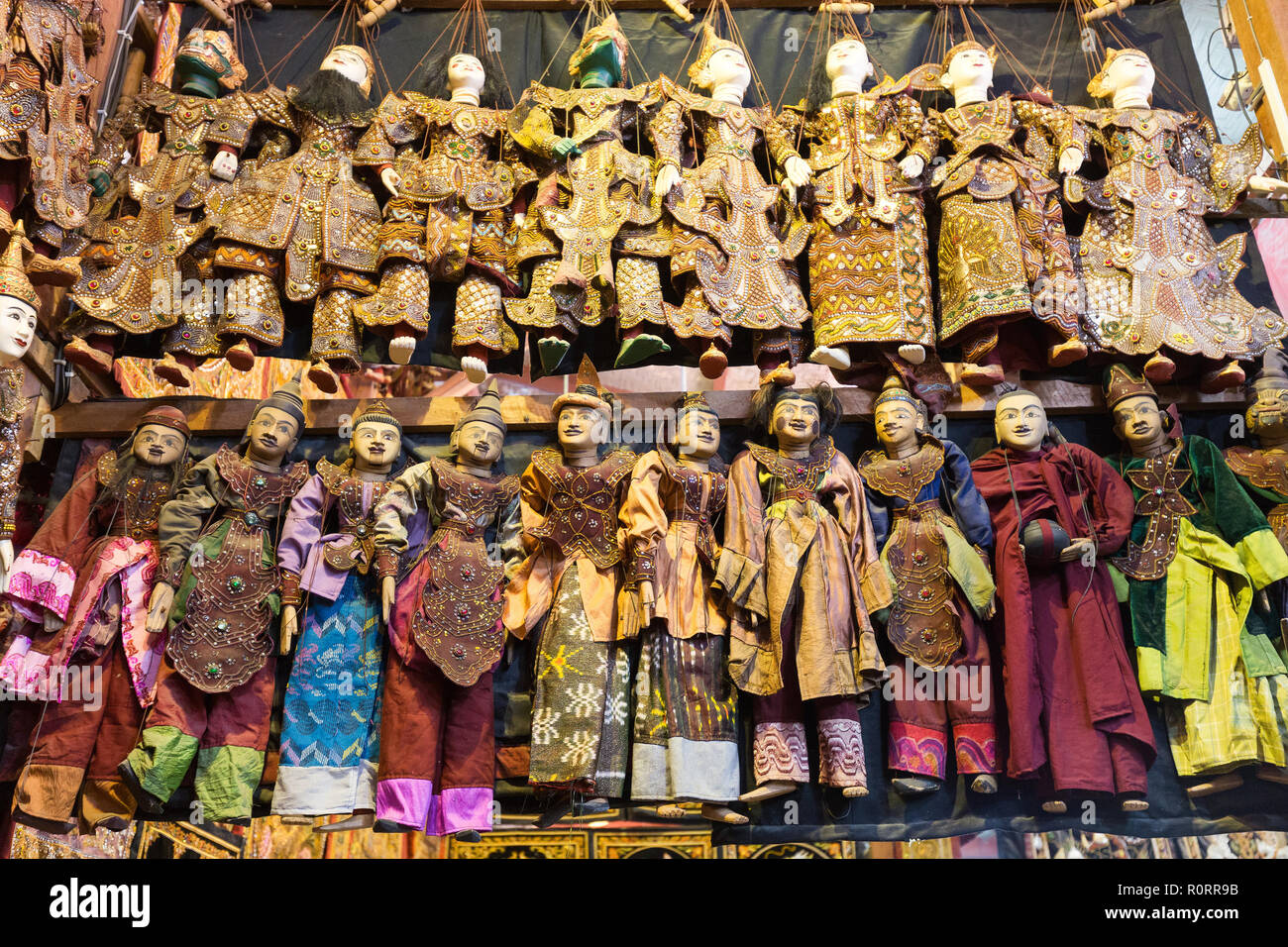 Rows of traditional Burmese puppets called "Yoke thé" , Myanmar Stock ...