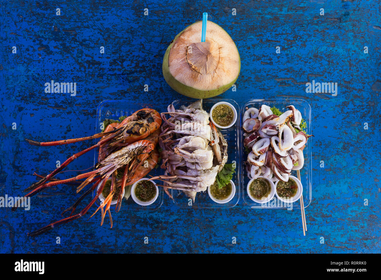 Fresh tropical seafood on textured restaurant table, Thailand Stock ...