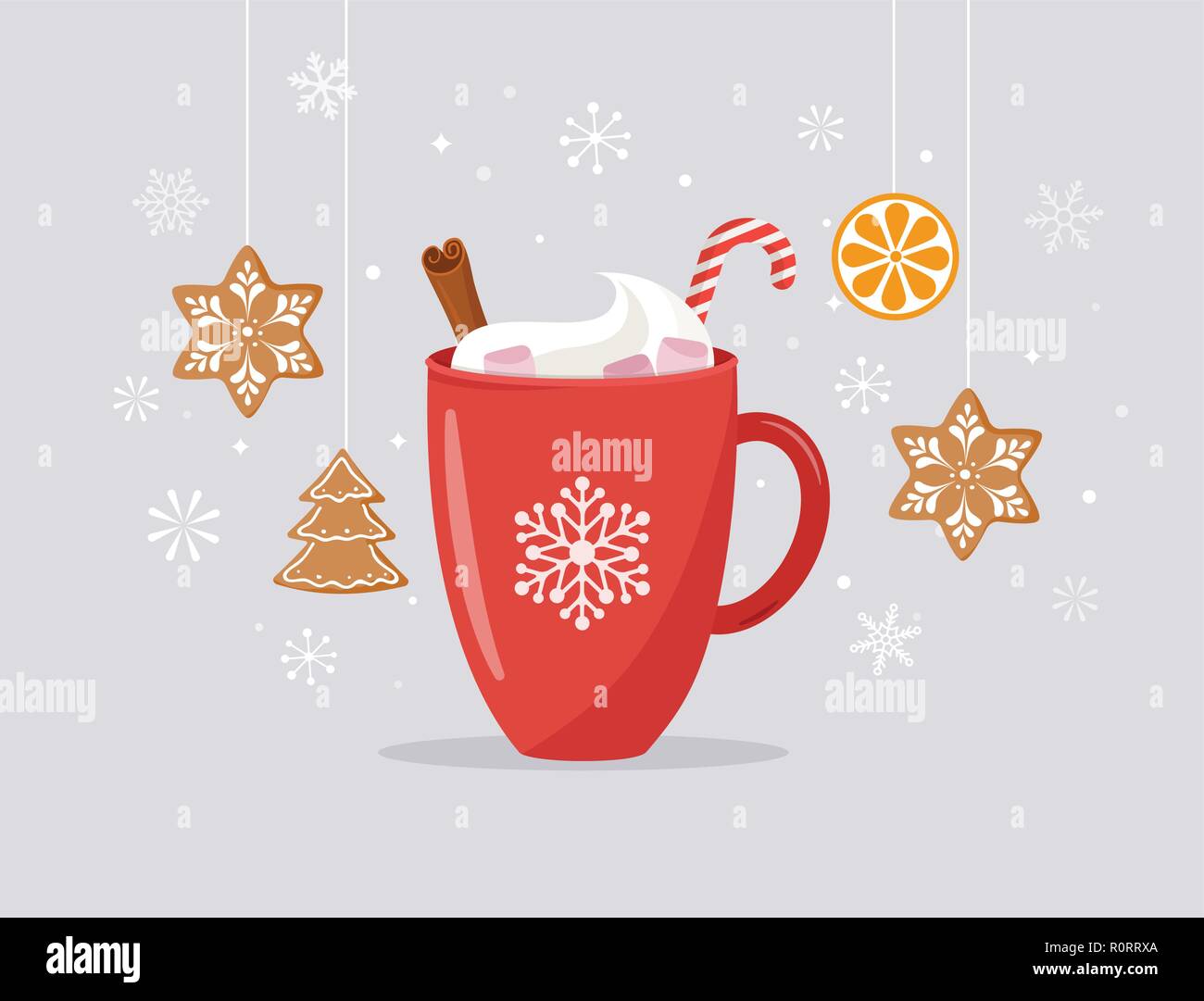 Merry Christmas, winter scene with a big cocoa mug and homemade ...