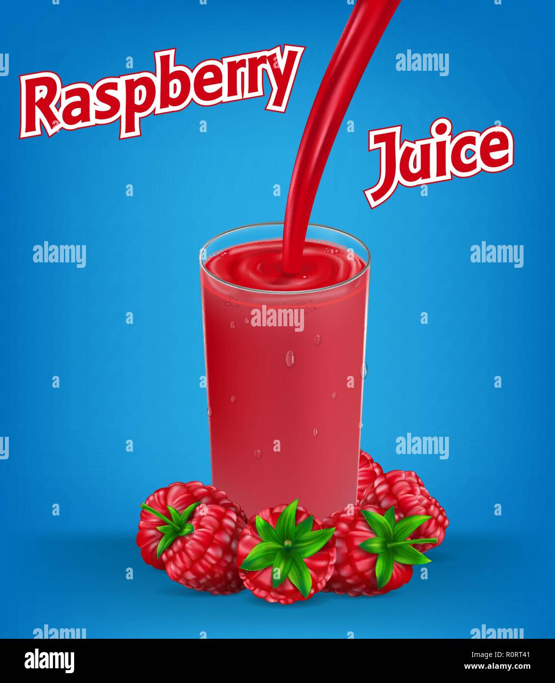 raspberry juice ad, with splash isolated on blue background. glass ...