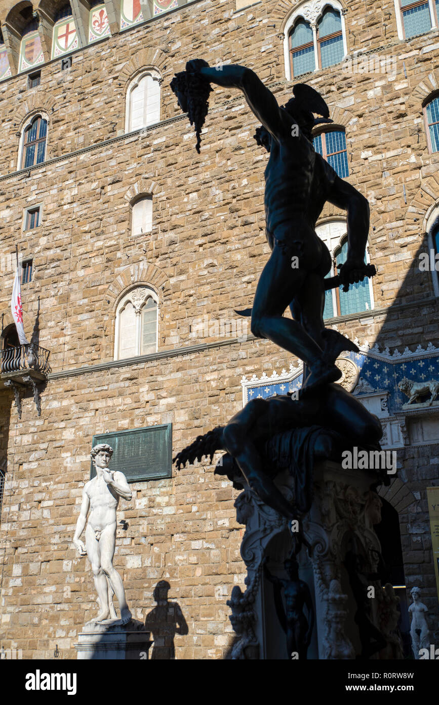 David and Perseus statues, Piazza Della Signoria, Florence, Italy Stock ...