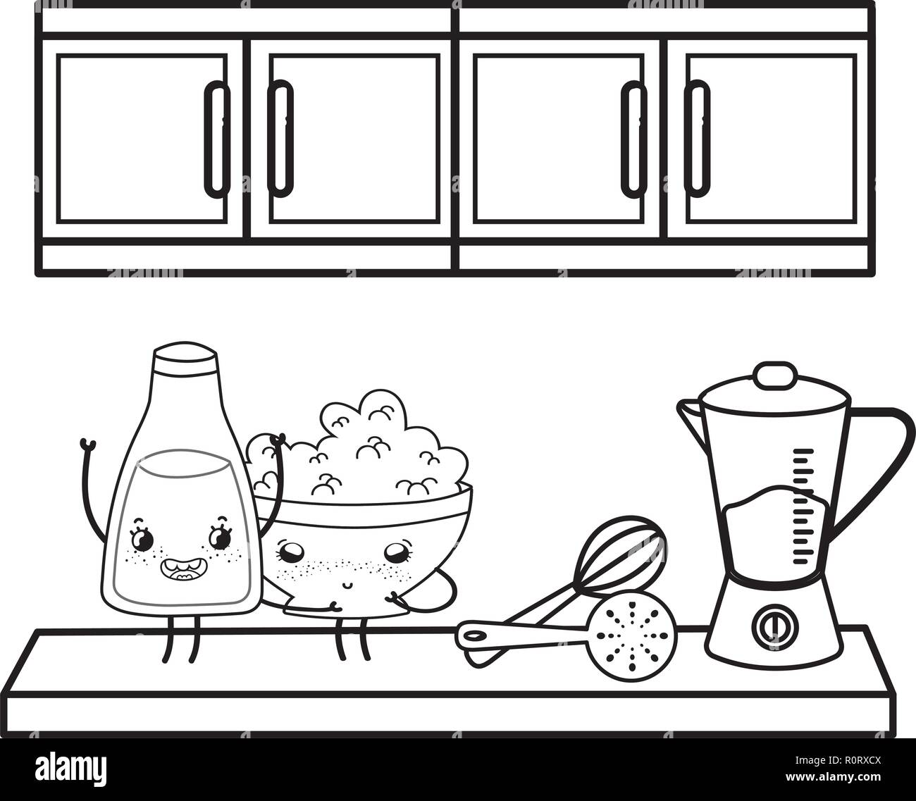 Kitchen and food kawaii cartoons in black and white Stock Vector Image ...
