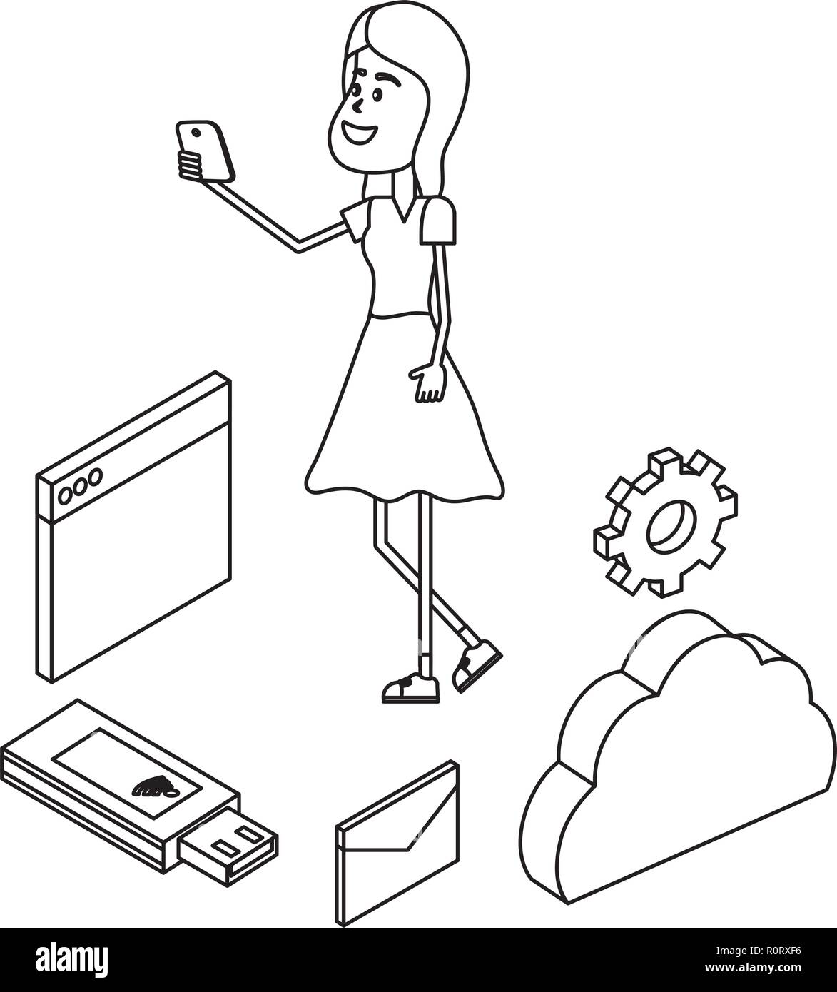 Woman and technology isometric in black and white Stock Vector Image ...
