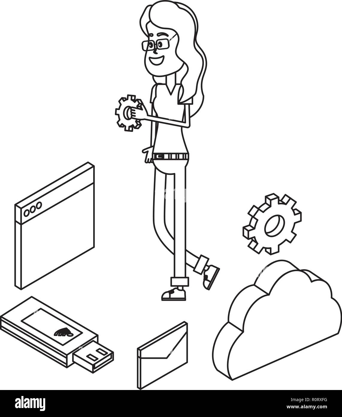 Woman and technology isometric in black and white Stock Vector Image ...