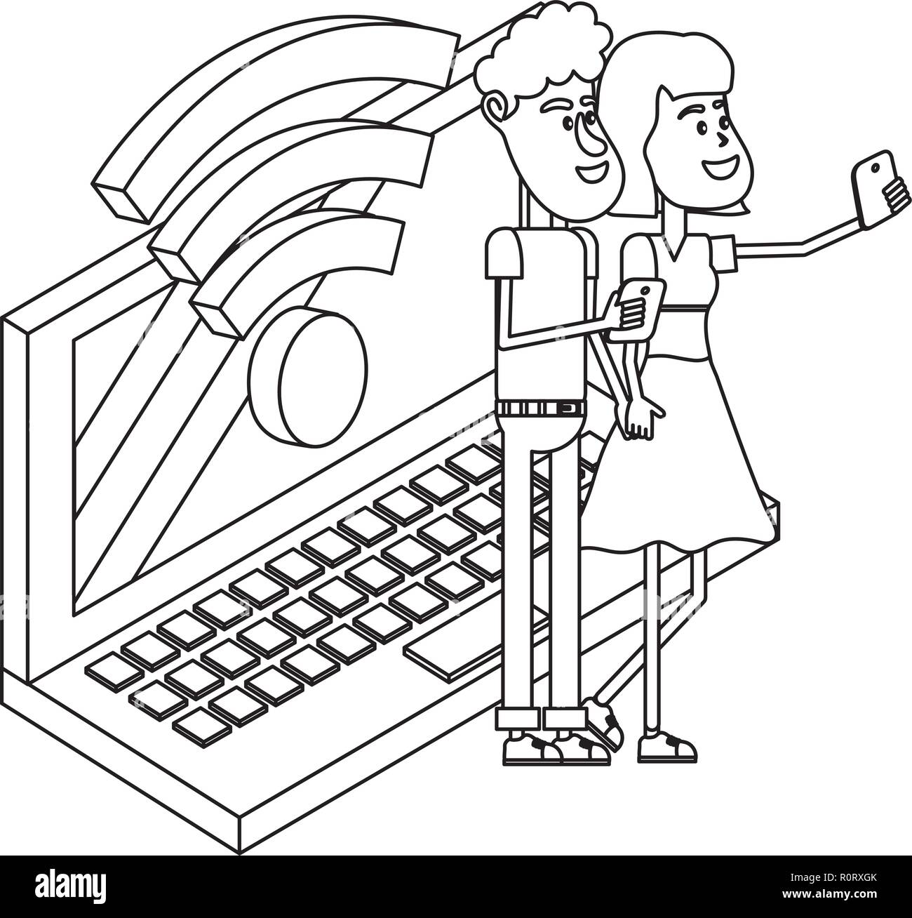Couple taking a selfie isometric concept in black and white Stock ...