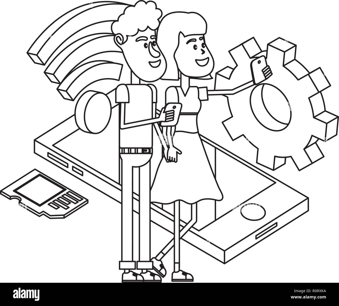 Couple taking a selfie isometric concept in black and white Stock ...
