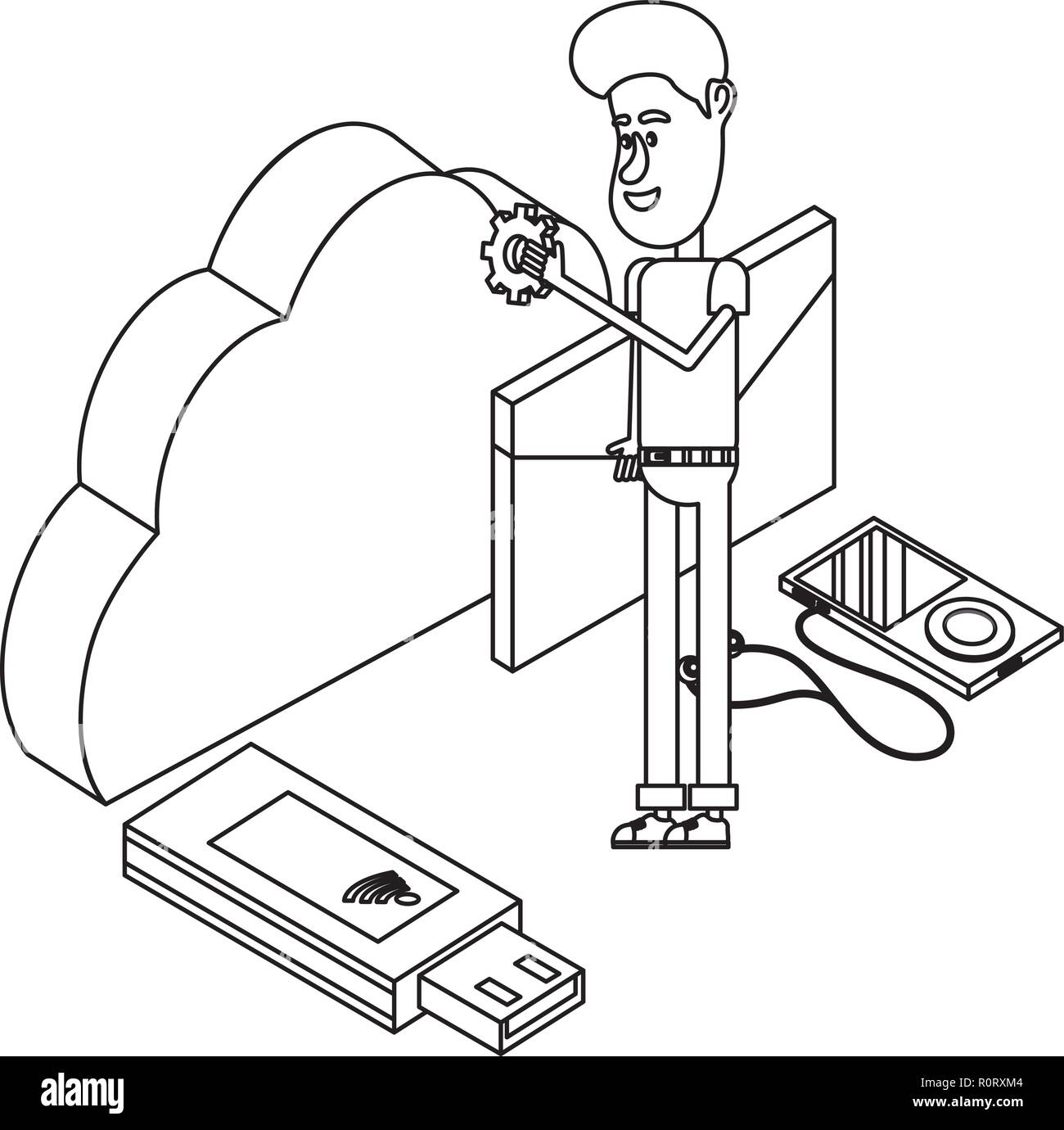 man and technology isometric in black and white Stock Vector Image ...