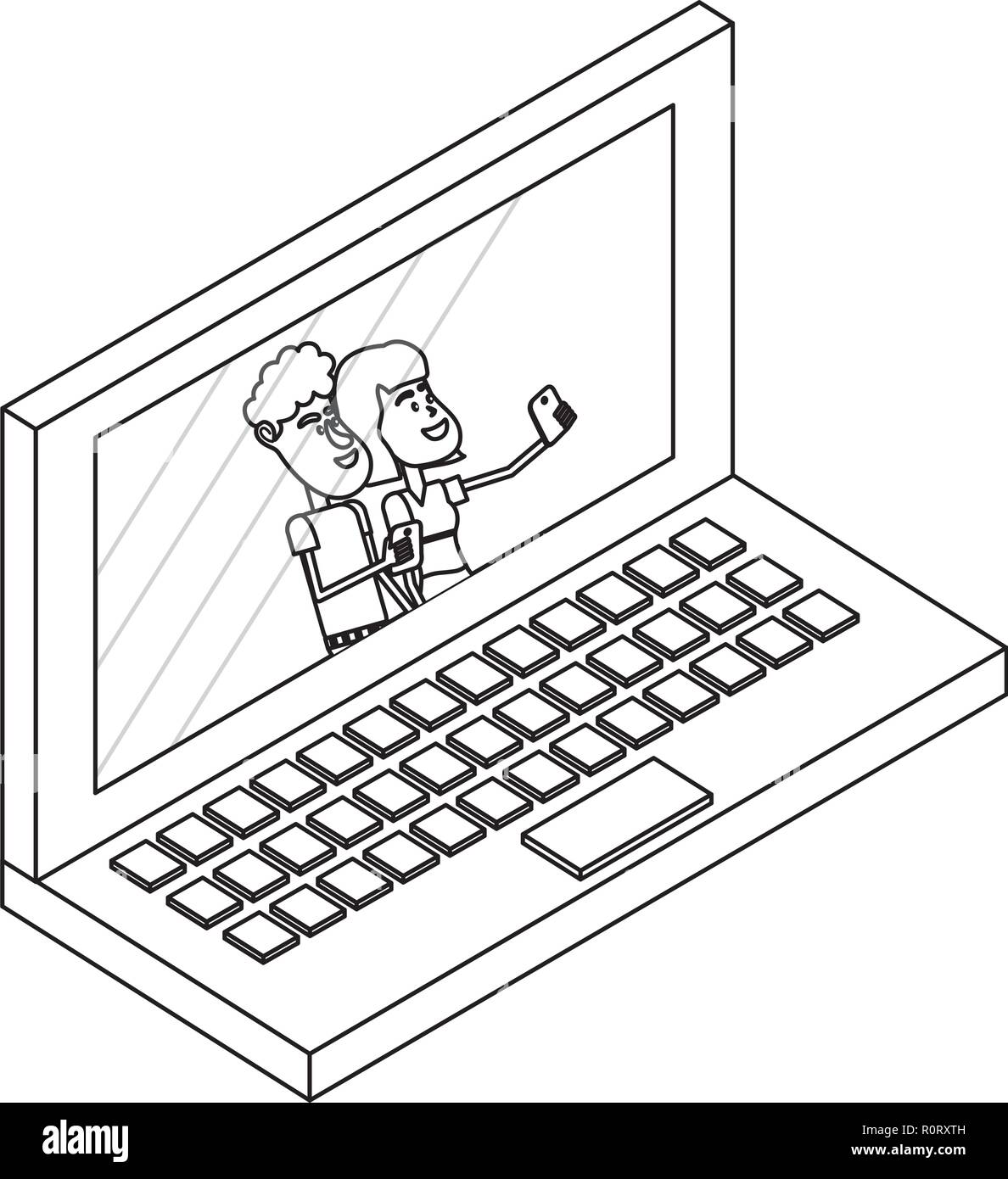Couple on laptop screen isometric concept in black and white Stock ...