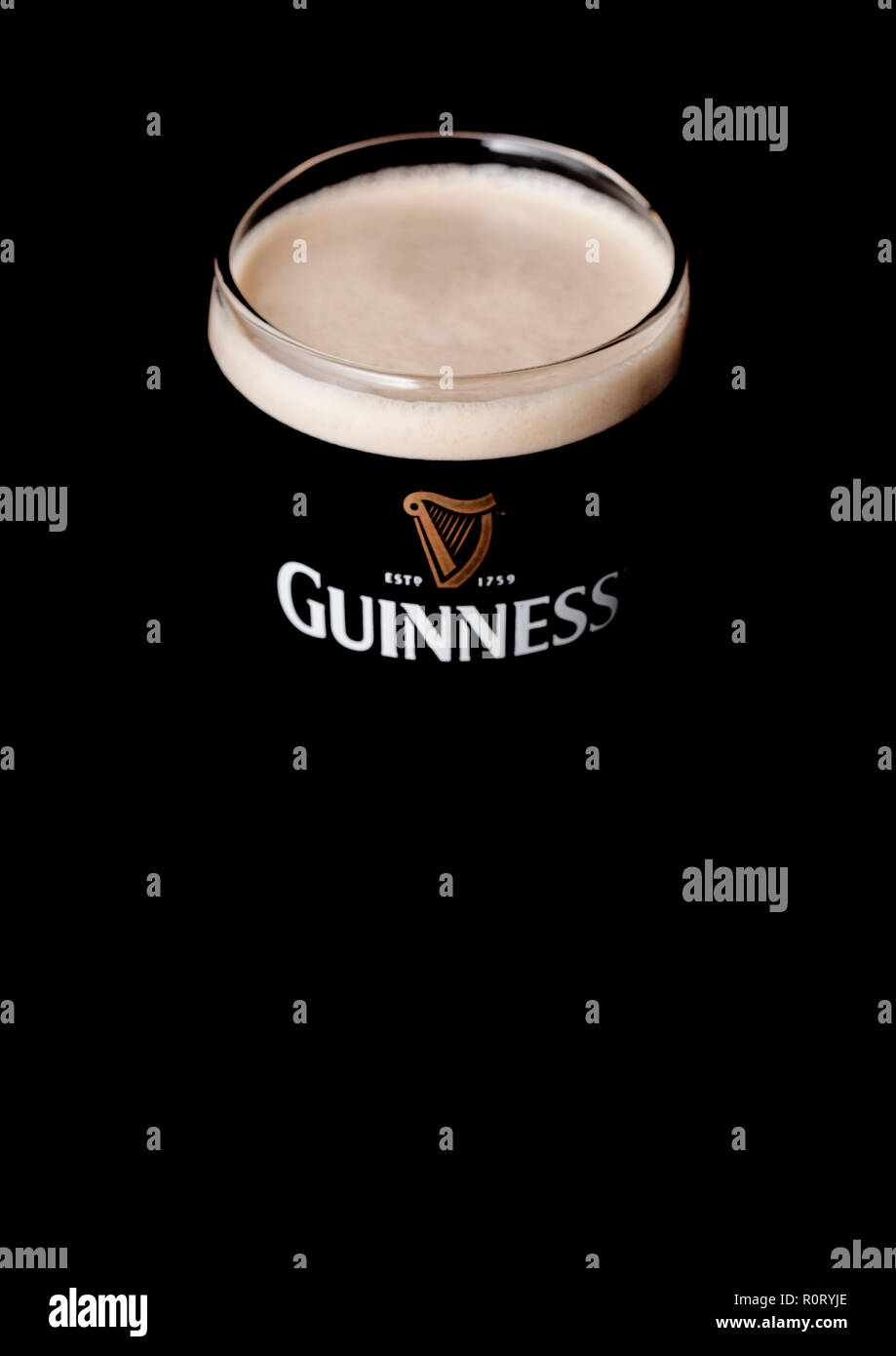 LONDON, UK - APRIL 27, 2018: Original glass of Guinness draught stout ...
