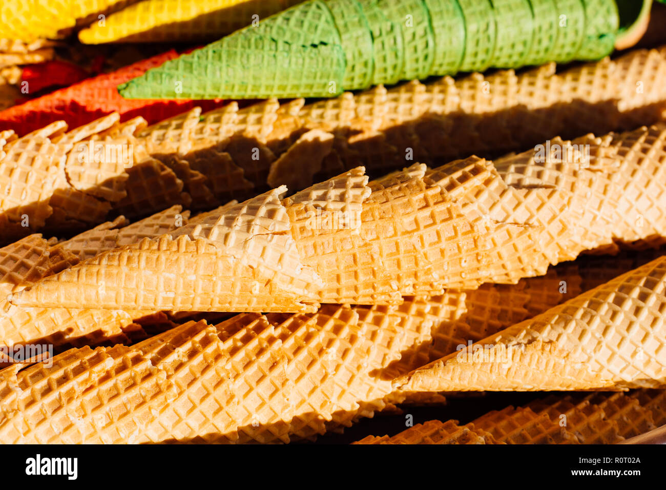 Waffle cones for ice cream background Stock Photo - Alamy