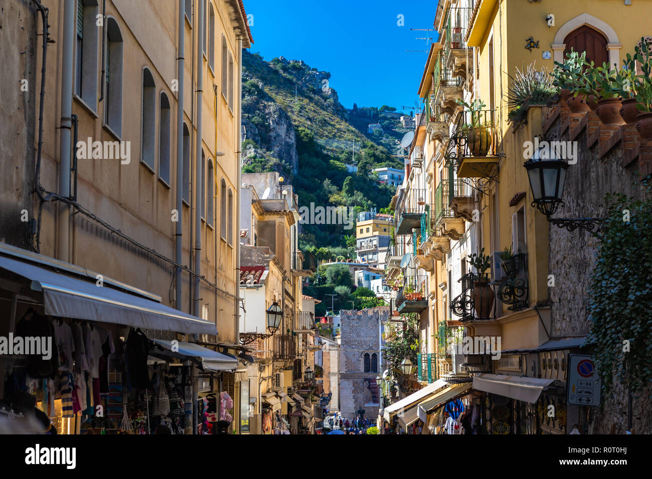 Taormina, Italy - September 26, 2018: The street view of the famous ...