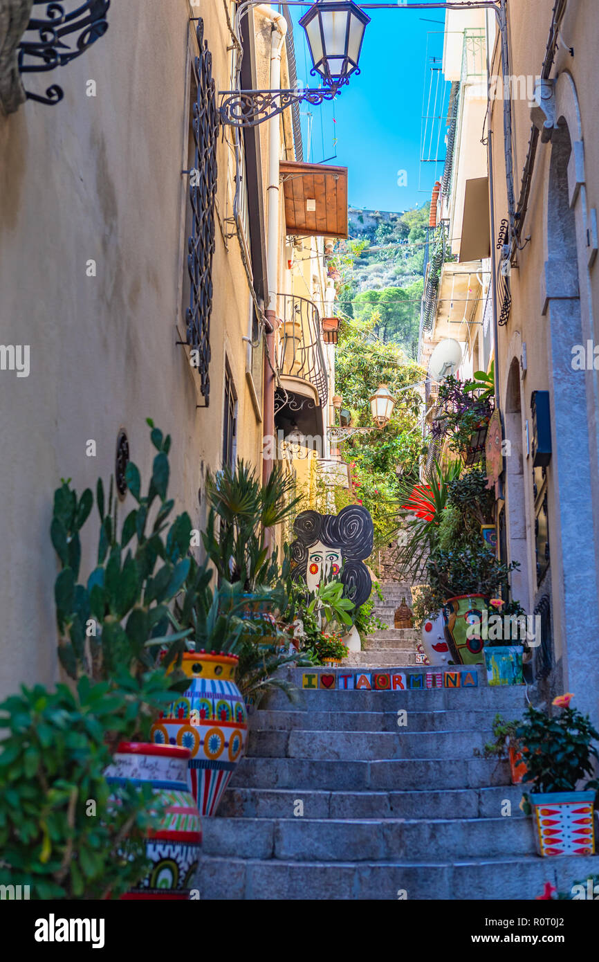 Taormina, Italy - September 26, 2018: The street view of the famous ...