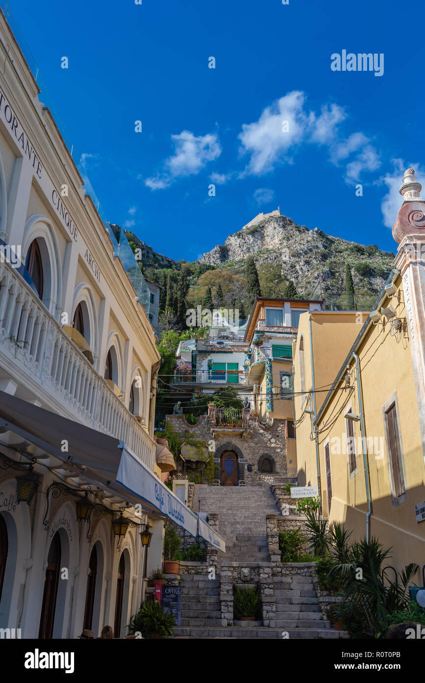 Taormina, Italy - September 26, 2018: The street view of the famous ...